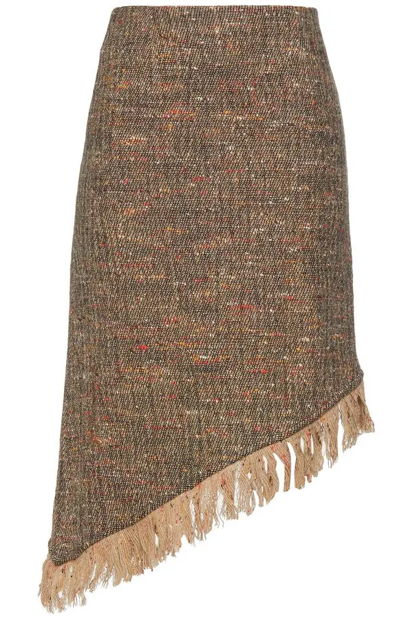GANNI Asymmetric Fringed Donegal Woolblend Tweed Skirt - Light Brown