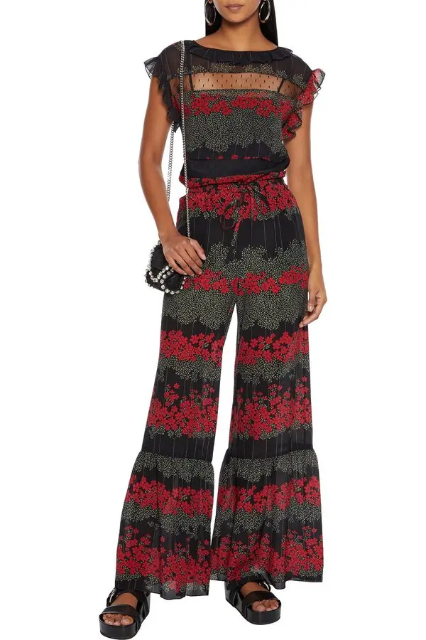 Red Valentino Floral-print Silk-georgette Flared Pants