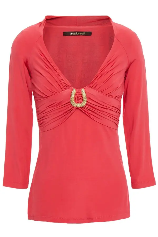 Roberto Cavalli Appliquéd Gathered Stretch-jersey Top - Coral