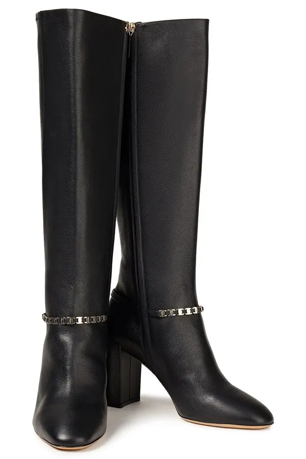FERRAGAMO Tribu 85 Chain-trimmed Leather Knee Boots - Black