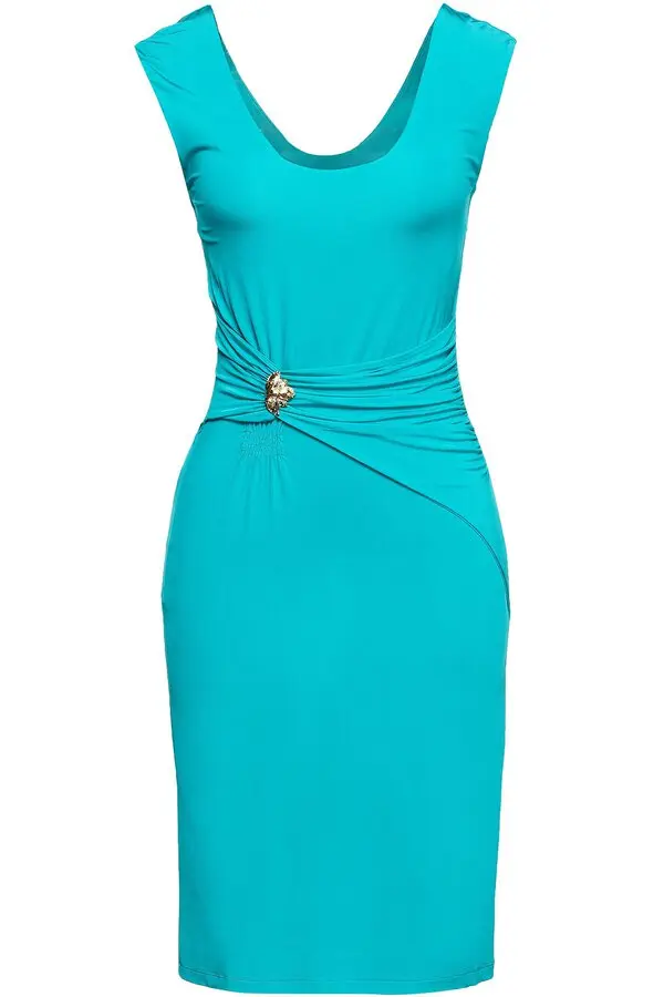 Roberto Cavalli Appliquéd Ruched Stretch-jersey Dress - Teal