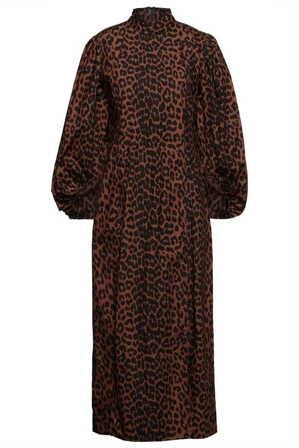 GANNI Gathered Leopardprint Organic Cottonpoplin Midi Dress - Animal Print