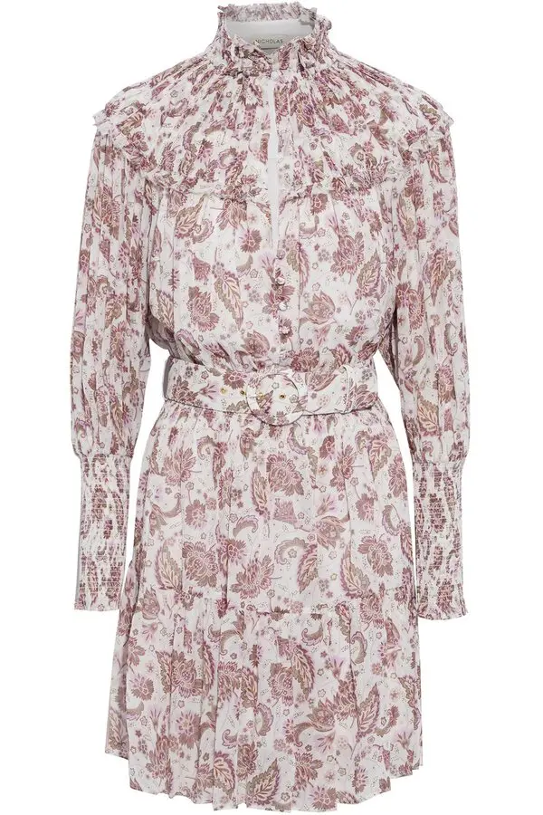NICHOLAS Belted Printed Crepe Mini Dress - White