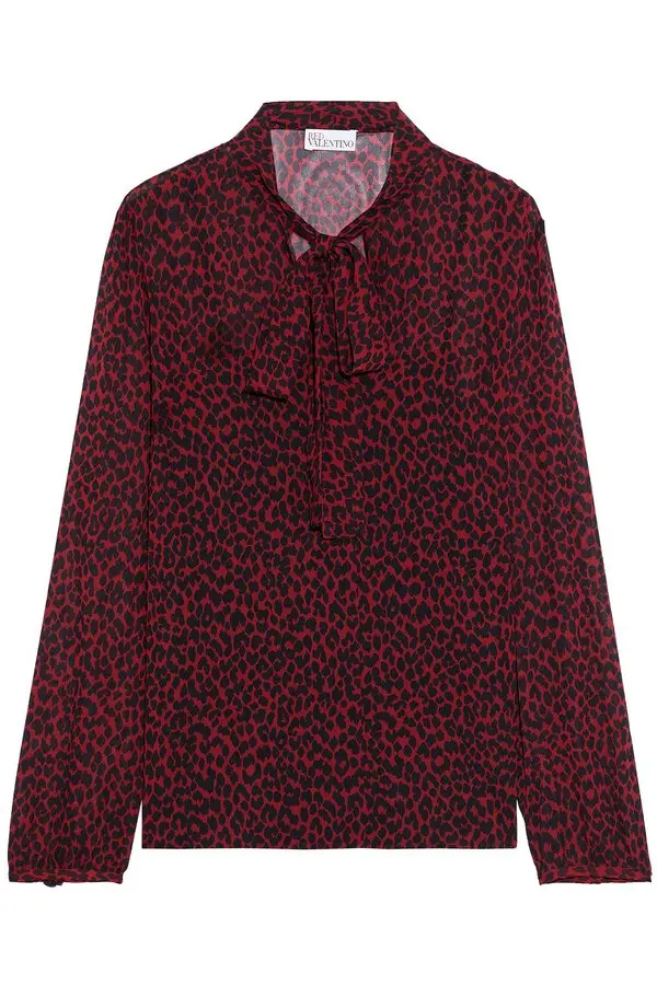 Red Valentino Leopard Print Chiffon Pussy-bow Blouse - Claret