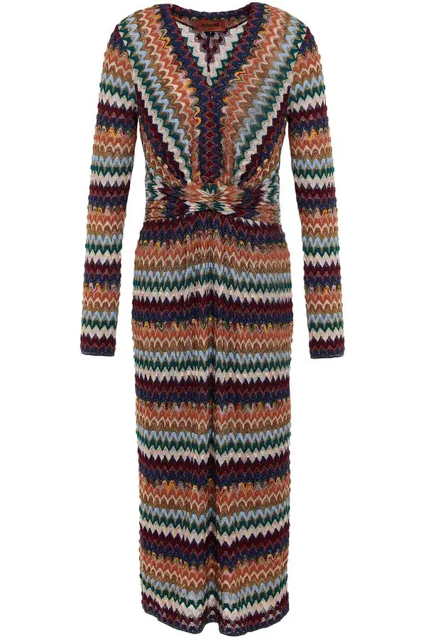 Missoni Twistfront Metallic Crochetknit Woolblend Midi Dress - Merlot
