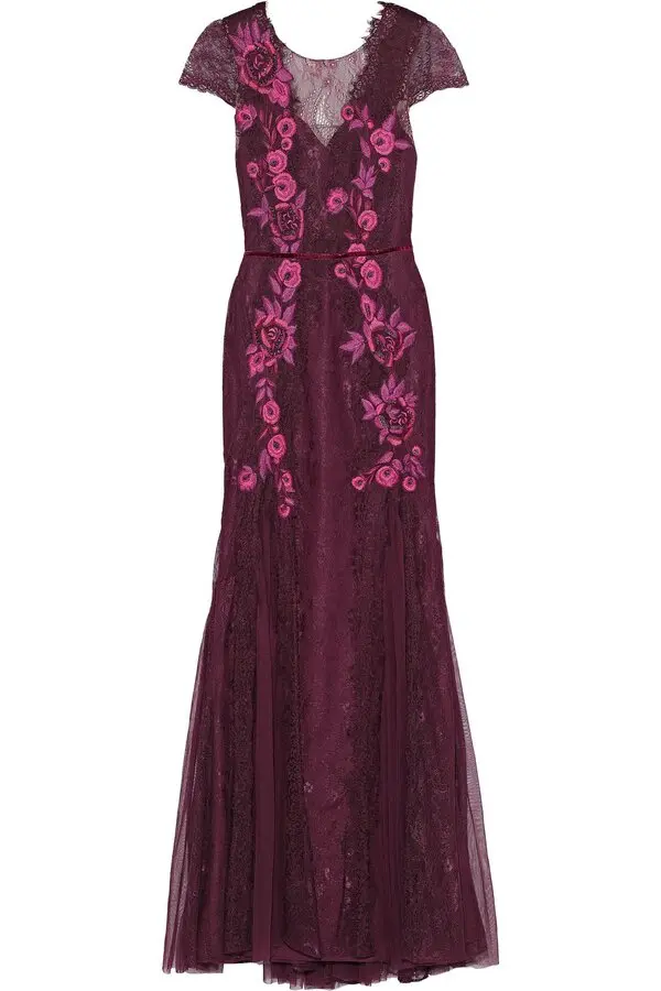 Marchesa Tullepaneled Embellished Chantilly Lace Gown - Plum