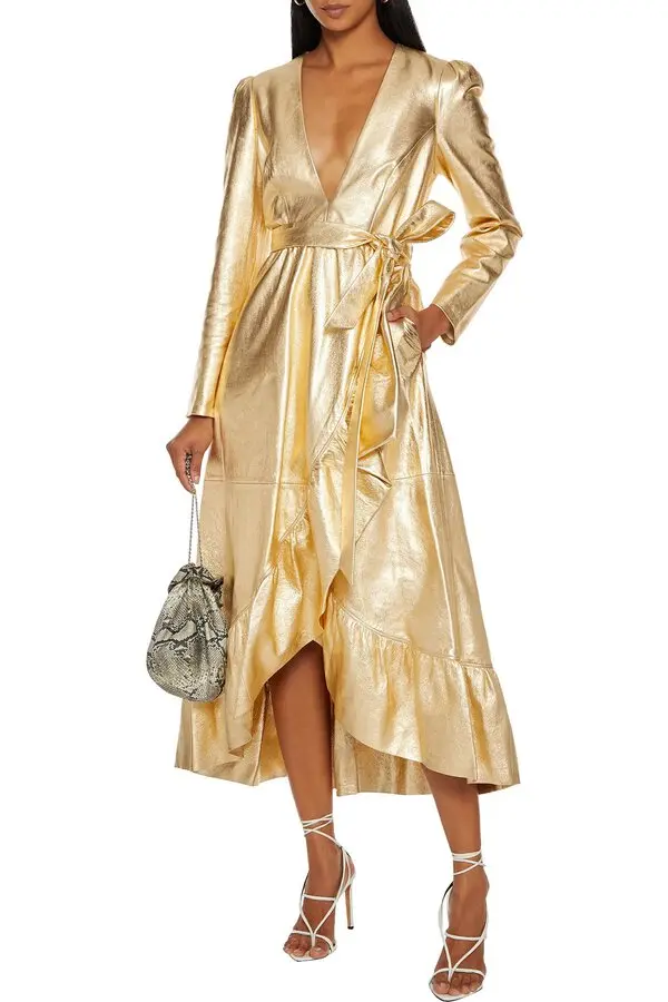 Zimmermann Ladybeetle Wrap-Effect Ruffled Metallic Textured-Leather Midi  Dress Metallic In Gold - 70% Off | Editorialist