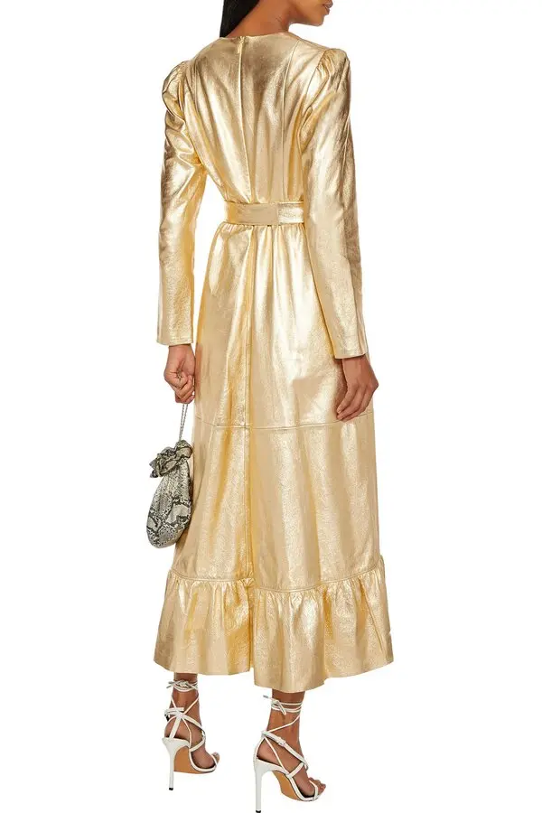 Zimmermann Ladybeetle Wrap-Effect Ruffled Metallic Textured-Leather Midi  Dress Metallic In Gold - 70% Off | Editorialist