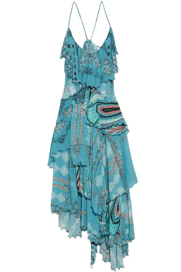 Etro Beadembellished Ruffled Printed Silkcrepon Slip Dress - Turquoise