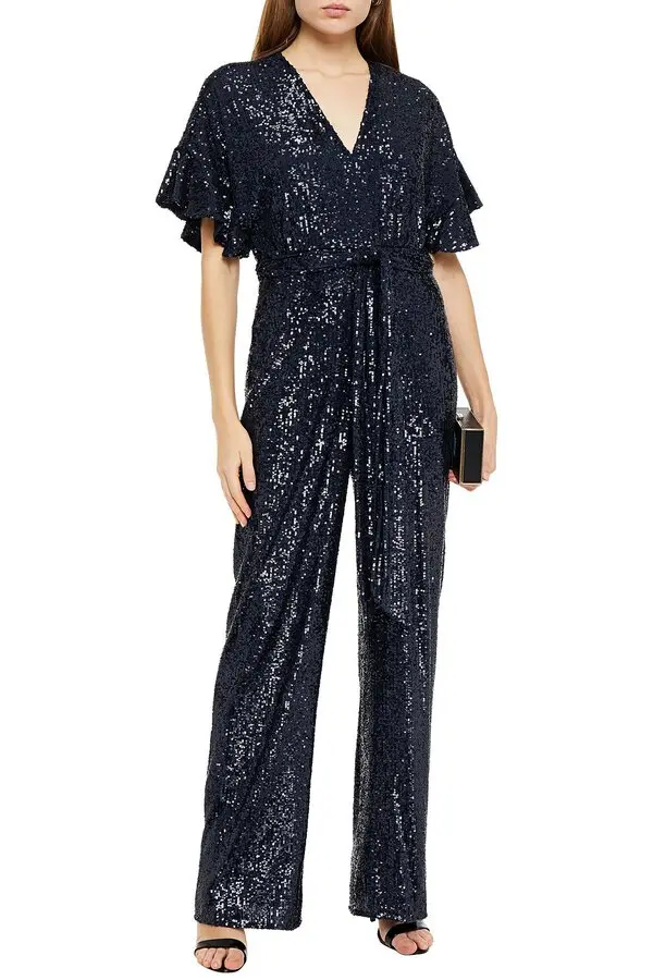 Sachin & Babi Belted Sequined Mesh Jumpsuit