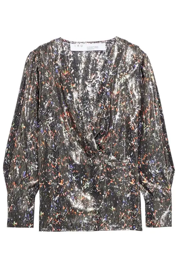 IRO PARIS Milana Wrapeffect Printed Silkblend Lamé Blouse - Gunmetal