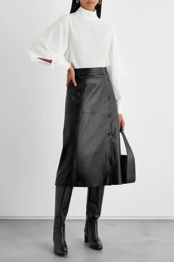 Iris & Ink Beatrice Wrap-effect Leather Midi Skirt