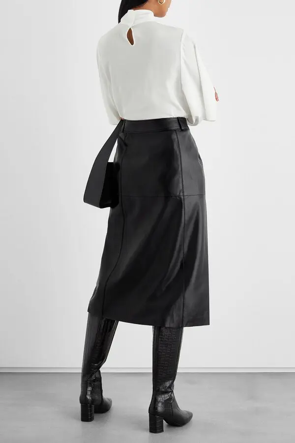 Iris & Ink Beatrice Wrap-effect Leather Midi Skirt