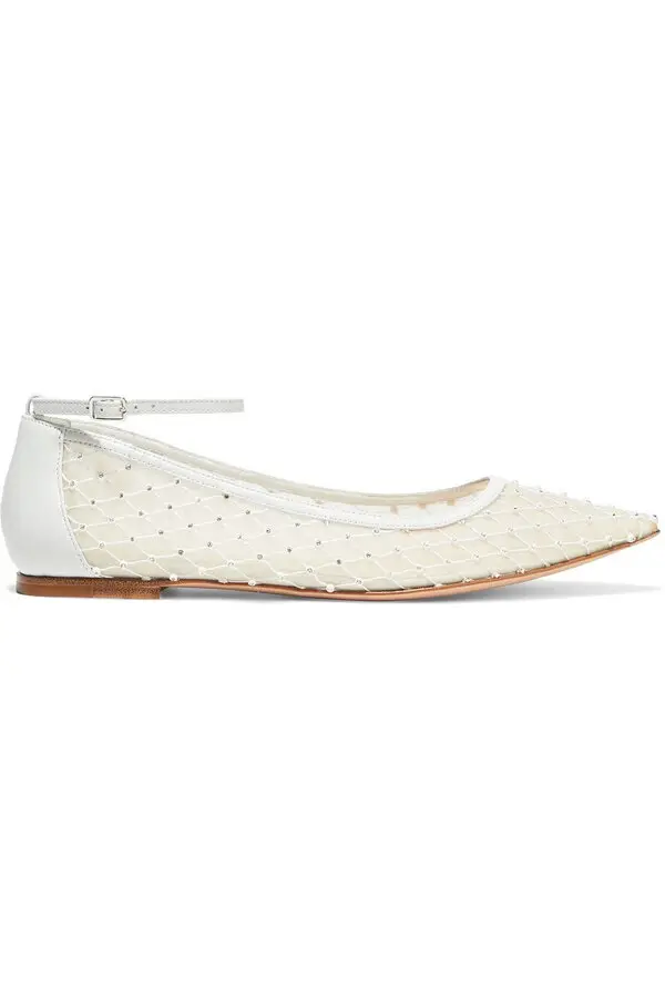 GIANVITO ROSSI Rea Crystalembellished Mesh And Leather Pointtoe Flats - Off-white