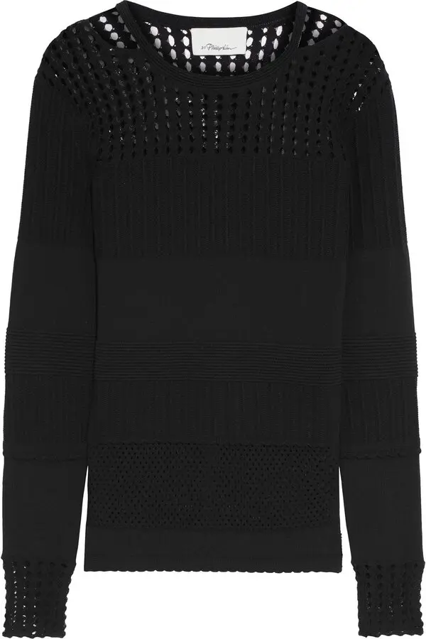 3.1 Phillip Lim Cutout Ribbed And Pointelleknit Cottonblend Top - Black
