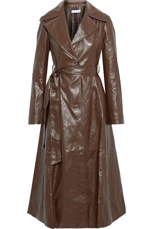 Rejina Pyo Rhea Crinkled Faux Leather Trench Coat In Chocolate
