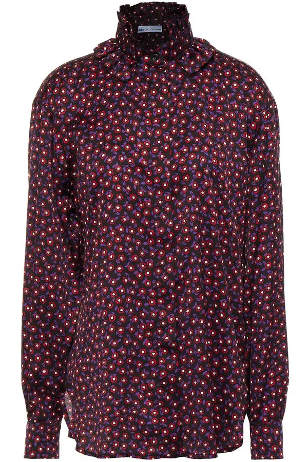 Rabanne Ruffletrimmed Floralprint Satin Blouse - Black