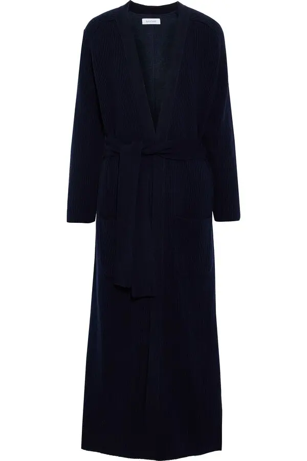 Naadam Belted Ribbedknit And Cotton And Cashmereblend Fleece Cardigan - Navy