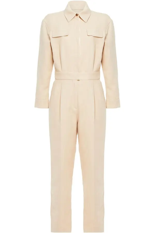 Sandro Uno Pleated Cotton And Linen-blend Twill Jumpsuit - Beige