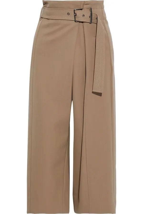 Brunello Cucinelli Cropped Belted Beadembellished Wool Wideleg Pants - Sand