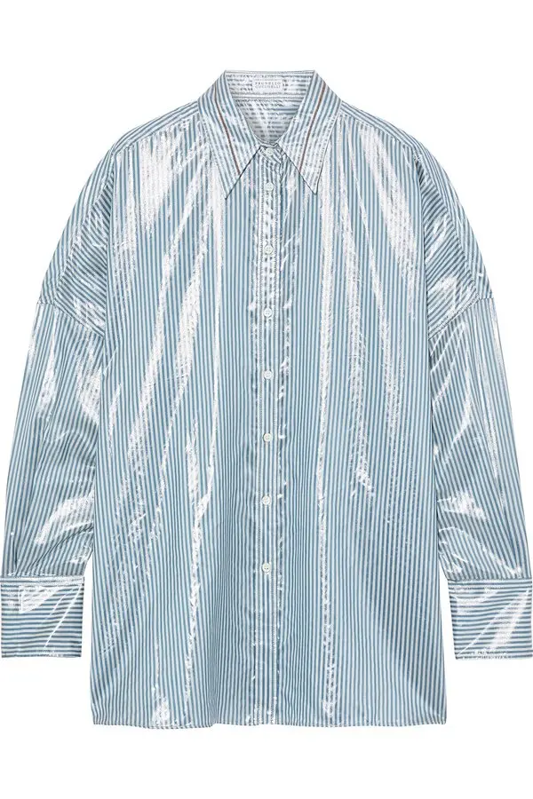 Brunello Cucinelli Striped Lamé Shirt With Bead Embellishment - Slate Blue