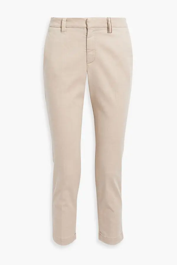 Brunello Cucinelli Bead-embellished Cotton-blend Twill Slim-leg Pants - Beige