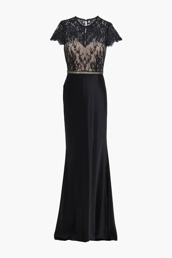 CATHERINE DEANE Lace Paneled Cotton-blend Satin Gown - Black