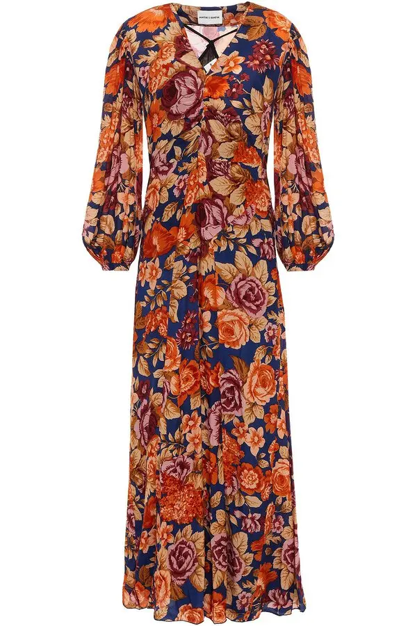 Antik Batik Camille Ruched Floralprint Crepe De Chine Maxi Dress - Navy