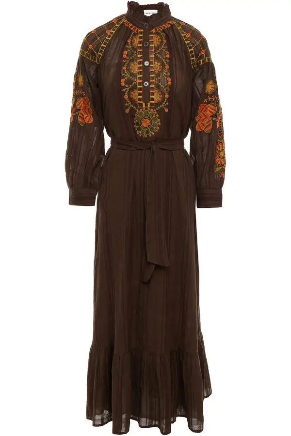 Antik Batik Cami Belted Embroidered Cotton-Gauze Midi Dress Brown In  Chocolate - 80% Off | Editorialist