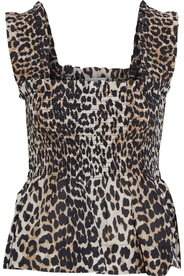 GANNI Shirred Leopardprint Cotton And Silkblend Peplum Top - Animal Print