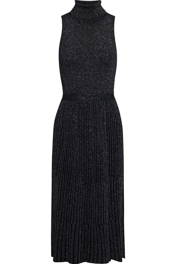 Diane Von Furstenberg Lennon Metallic Ribbed Turtleneck Midi Dress - Black
