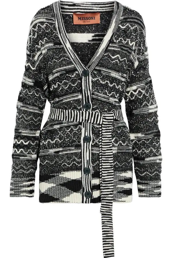 Missoni Belted Sequinembellished Metallic Crochetknit Cardigan - Black