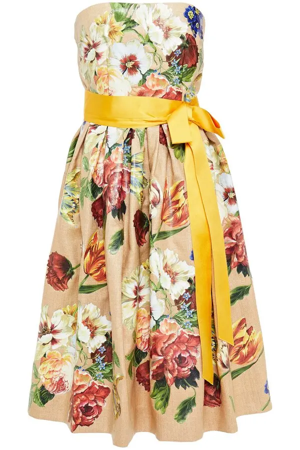 Dolce & Gabbana Strapless Floral-print Pleated Dress - Beige