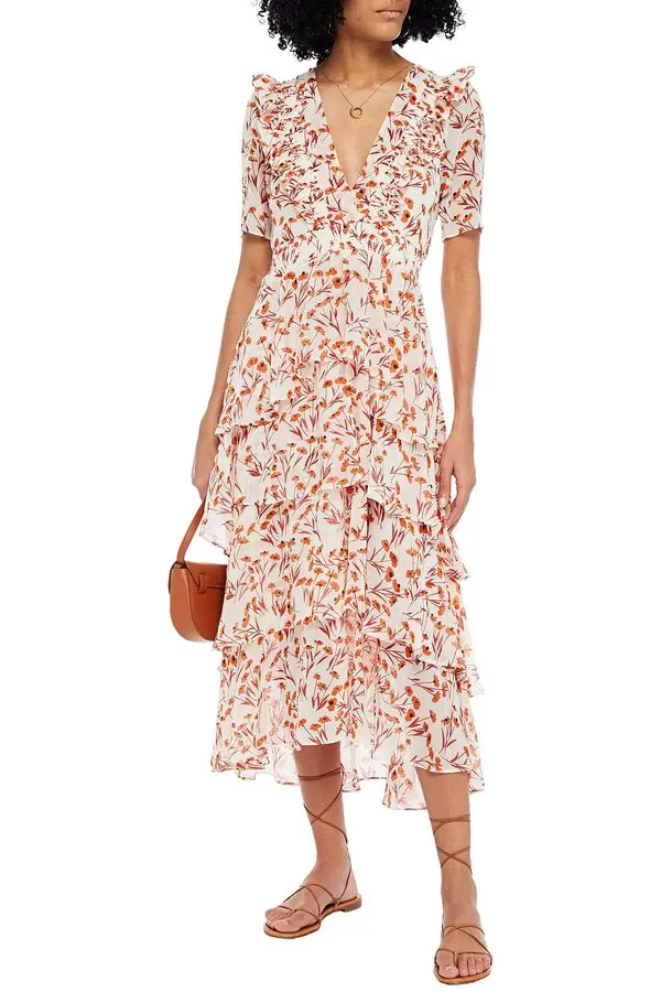 Maje Romina Tiered Floral-Print Chiffon Midi Dress In Ecru - 58% Off