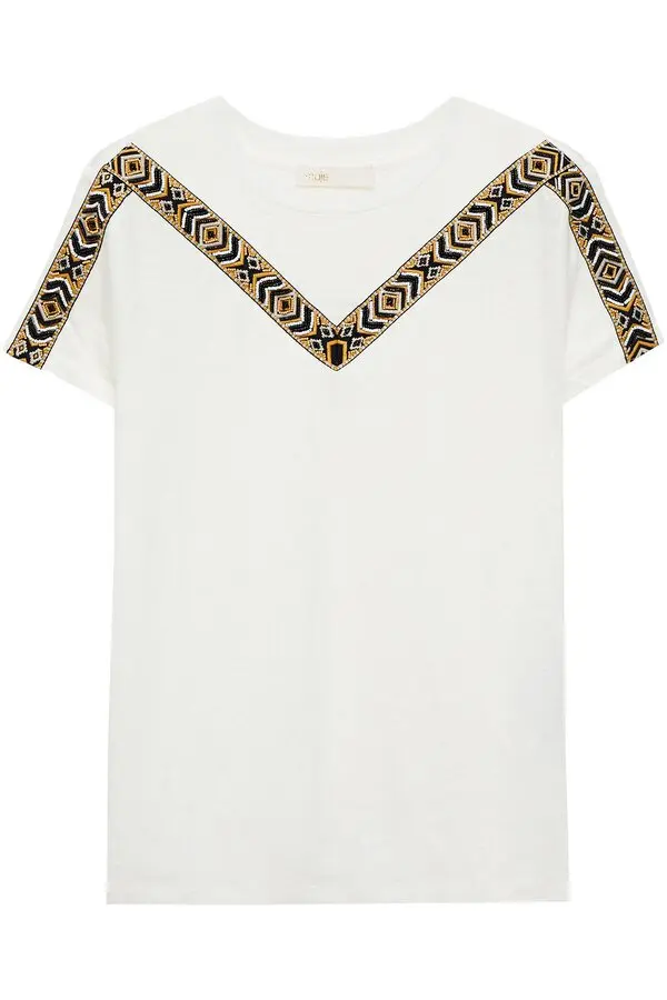 Maje Embellished Jacquard-trimmed Linen-jersey T-shirt - Ivory