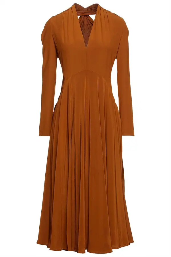 Victoria Beckham Silk Crepe De Chine Midi Dress With Cutouts - Tan