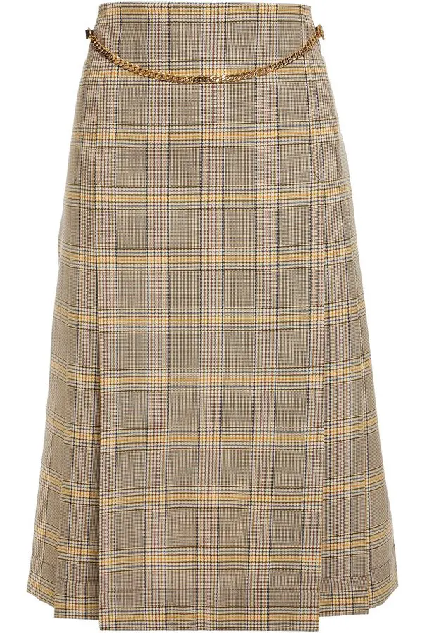 Victoria Beckham Chain-embellished Pleated Prince Of Wales Checked Wool Skirt - Beige