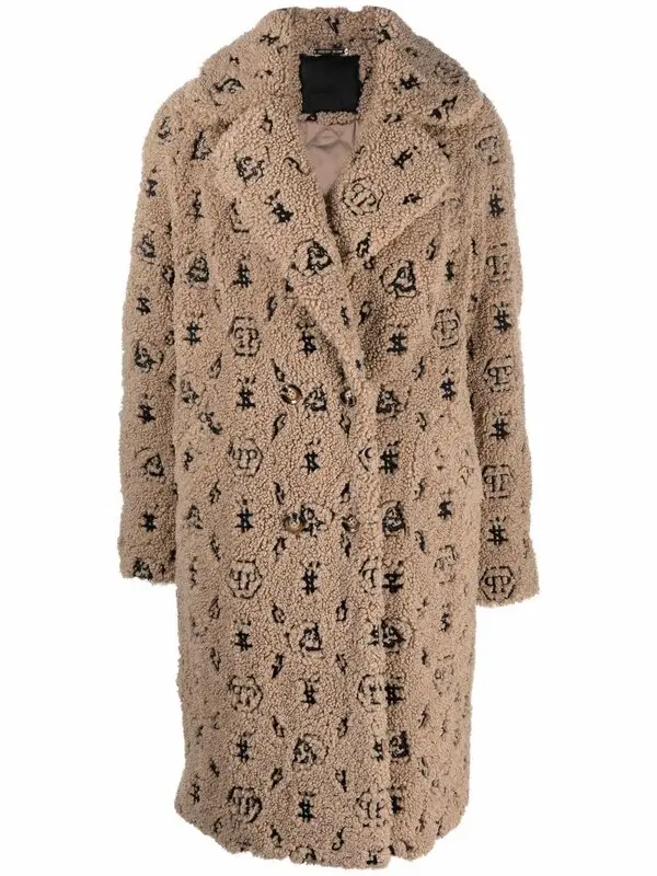 Philipp Plein Embroidered Monogram Faux-shearling Coat