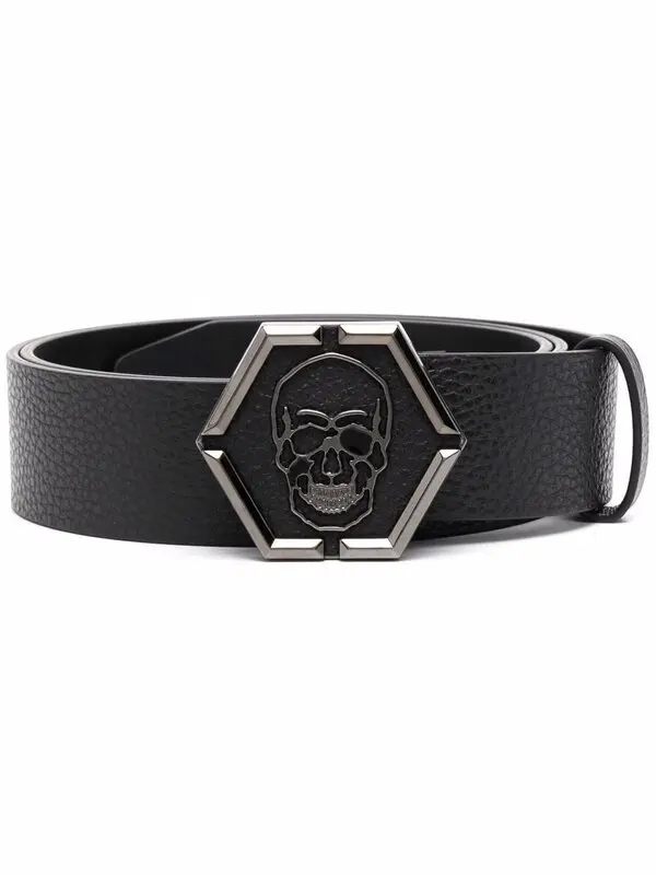 Philipp Plein Skull Buckle Leather Belt - Black