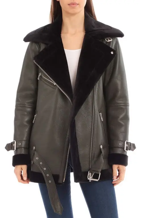 Avec Les Filles Faux Shearling Trim Faux Leather Biker Jacket