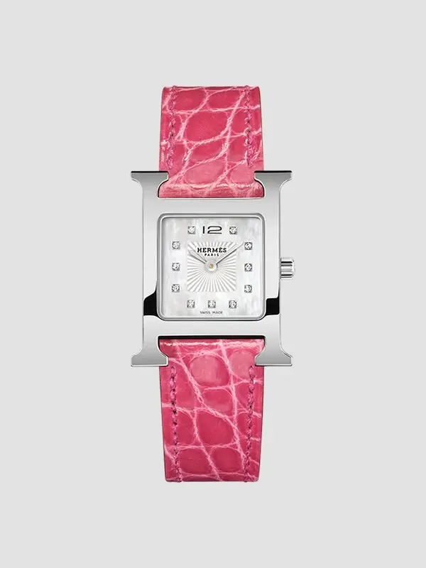 Hermès Heure H Stainless Steel, 0.04 Tcw Diamond & Alligator Leather Strap Watch/21mm - Pink