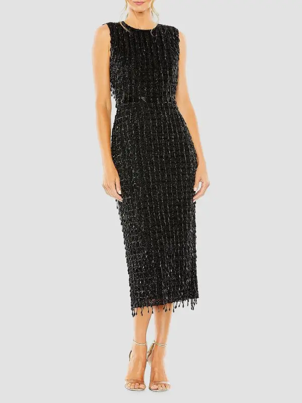 Mac Duggal Beaded Fringe Sheath Dress - Black