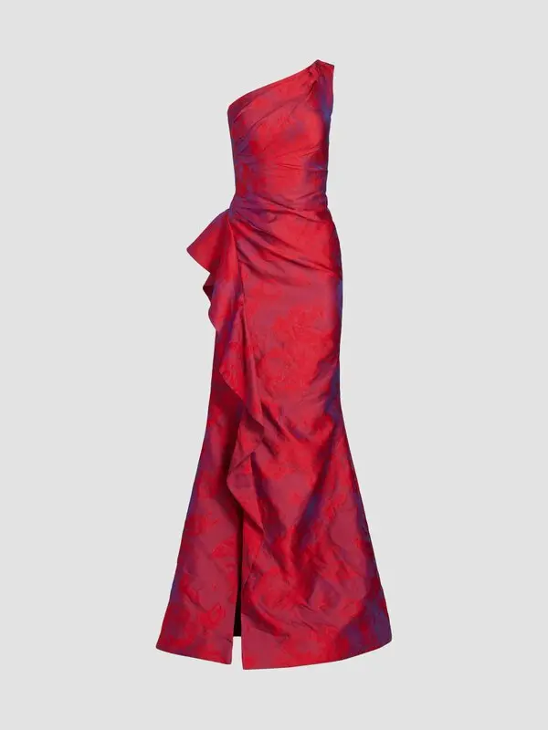 Rickie Freeman For Teri Jon Jacquard One-shoulder Ruched Gown
