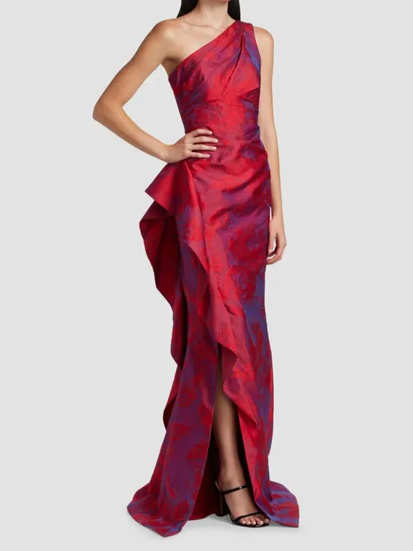 Rickie Freeman For Teri Jon Jacquard One-shoulder Ruched Gown