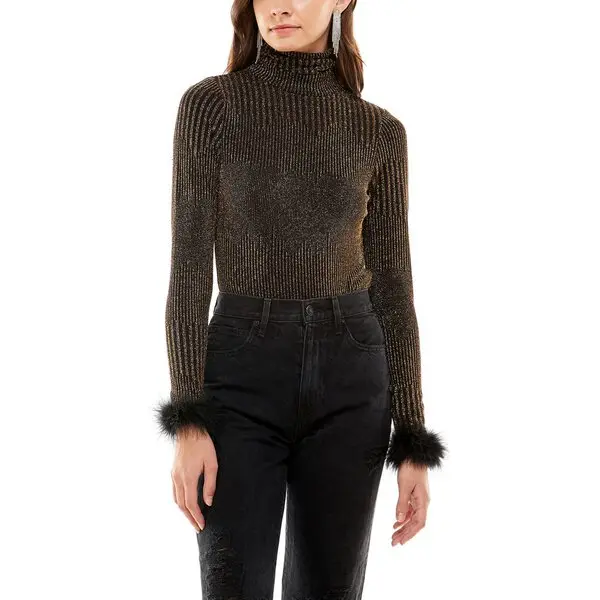 WAYF Metallic Turtleneck Bodysuit With Faux Fur Cuffs