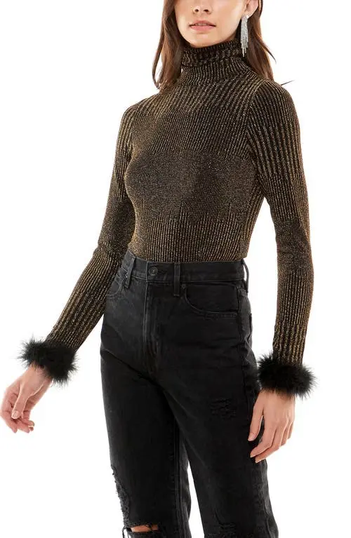WAYF Metallic Turtleneck Bodysuit With Faux Fur Cuffs