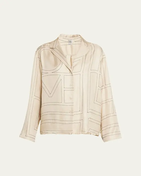 TOTEME Monogram-embroidered Silk Pajama Top - Natural