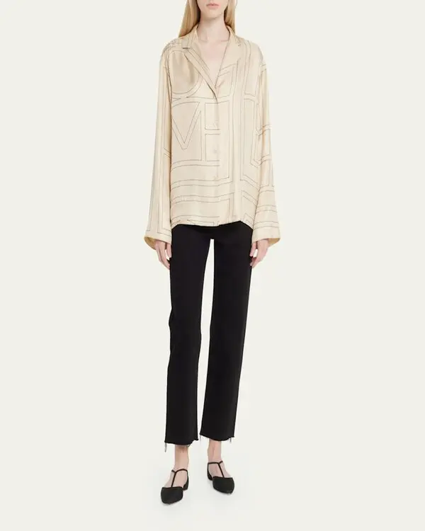 TOTEME Monogram-embroidered Silk Pajama Top - Natural