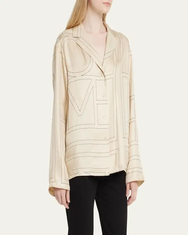 TOTEME Monogram-embroidered Silk Pajama Top - Natural