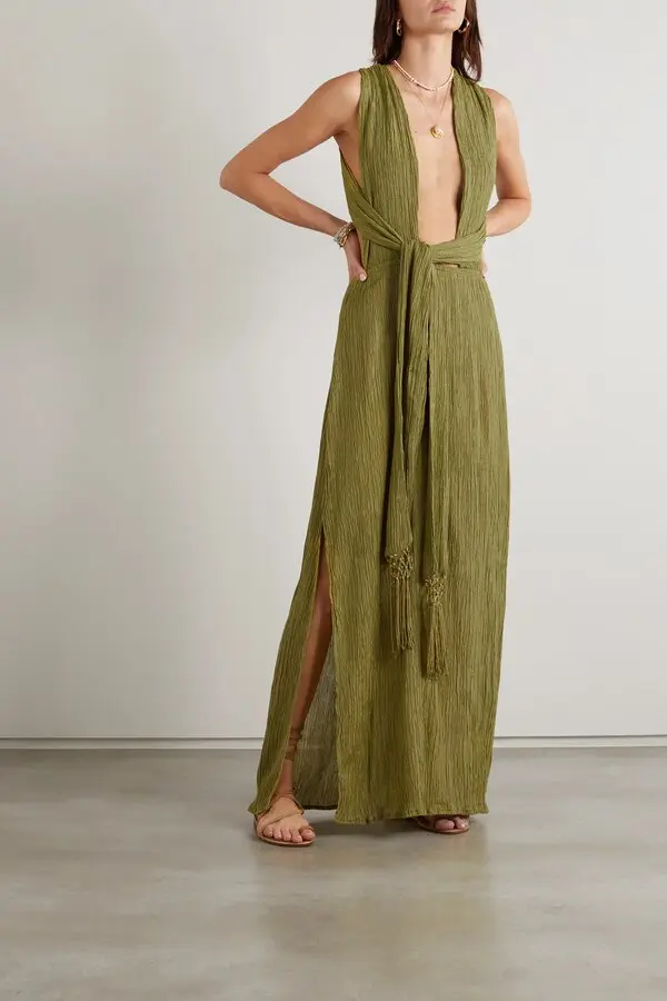 Savannah Morrow Verita Open-Back Crinkled Silk And Bamboo-Blend Halterneck  Maxi Dress In Green - 50% Off | Editorialist